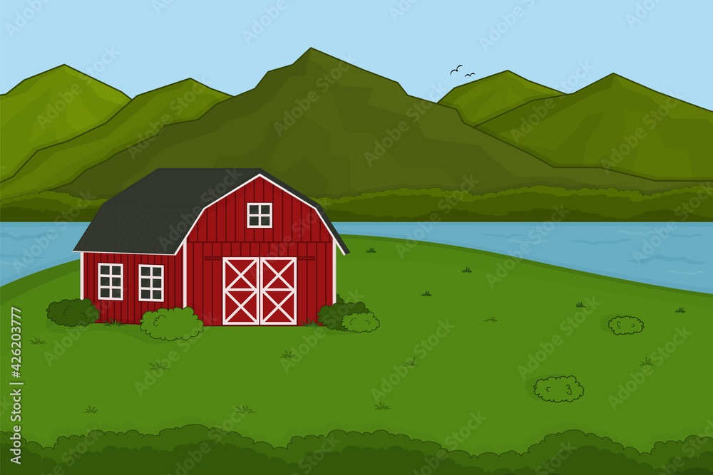 Vector outline cartoon summer spring landscape countryside scene with ...