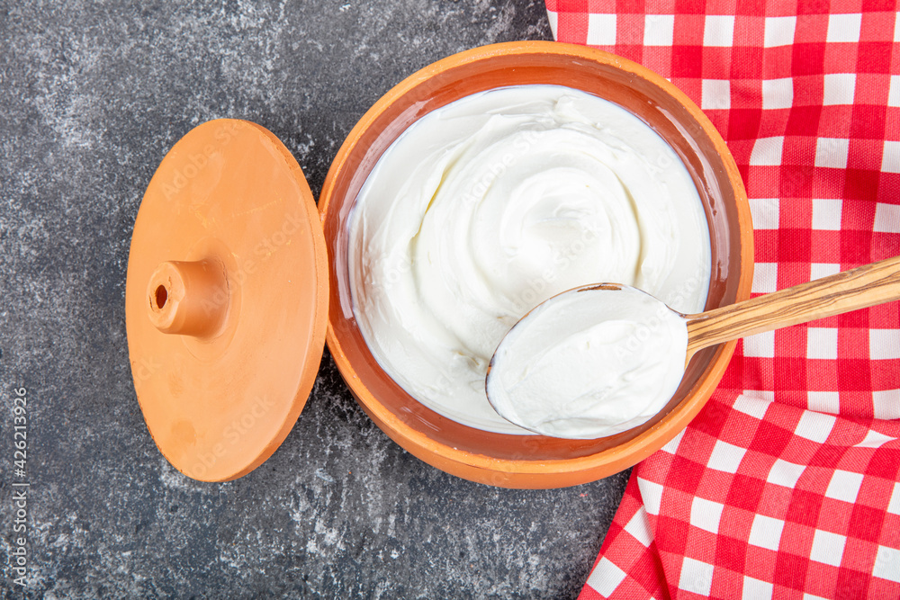 Turkish and Greek traditional dairy food yogurt or strained yogurt in ...