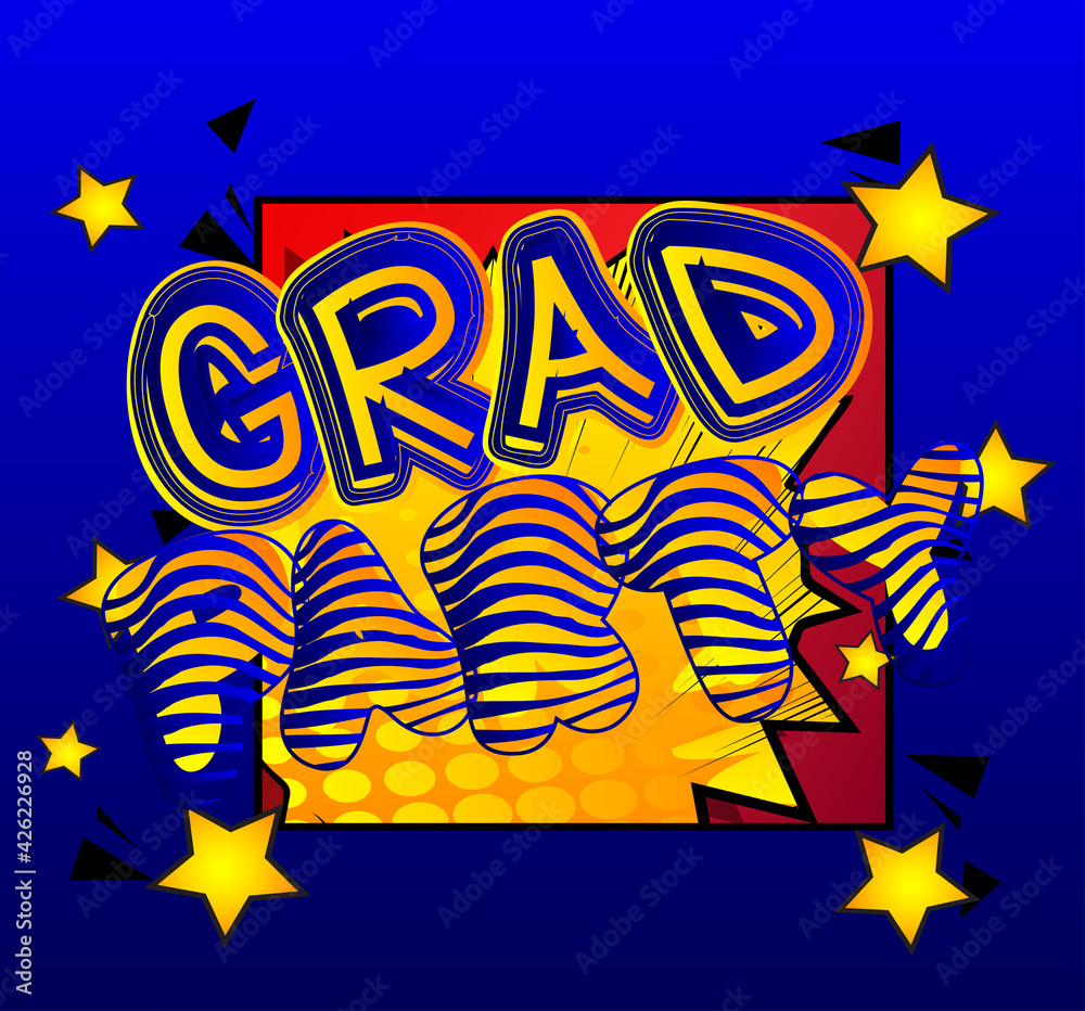 Grad Party - Comic book style text. Graduation, end of educational year ...