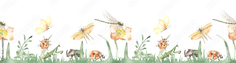 Watercolor seamless border with insects in the grass, ladybug, mantis ...