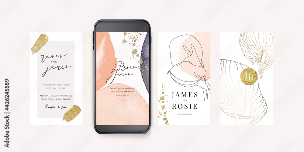 Luxury Pink Social Media, mobile Wedding invite frame templates. Vector ...