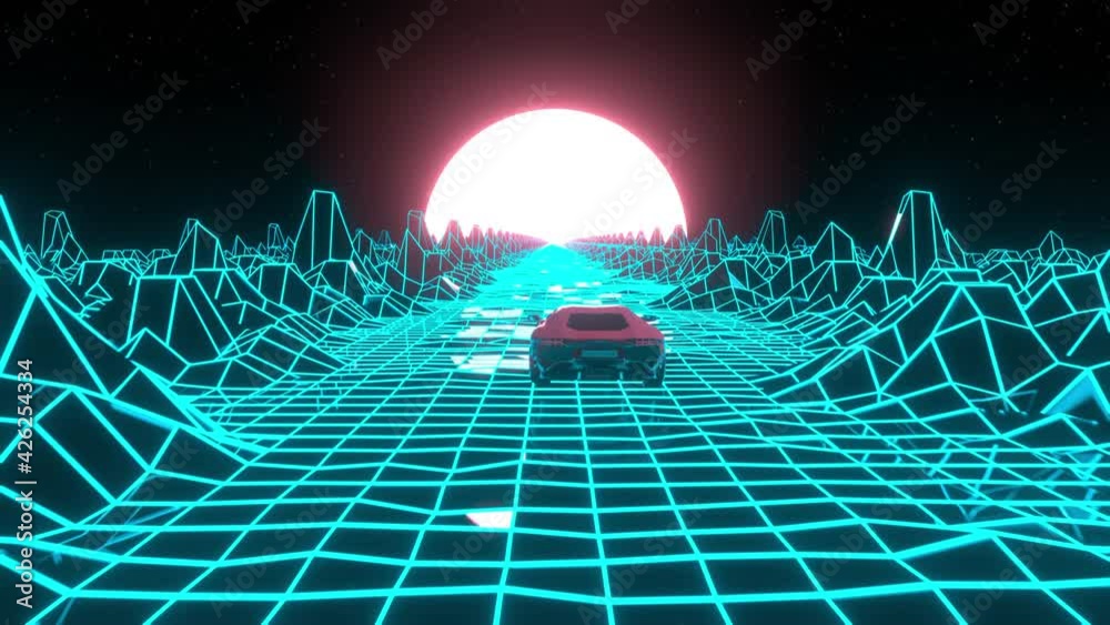 80s Retro Style CGI Animation. Futuristic Sport Car Driving Through a ...