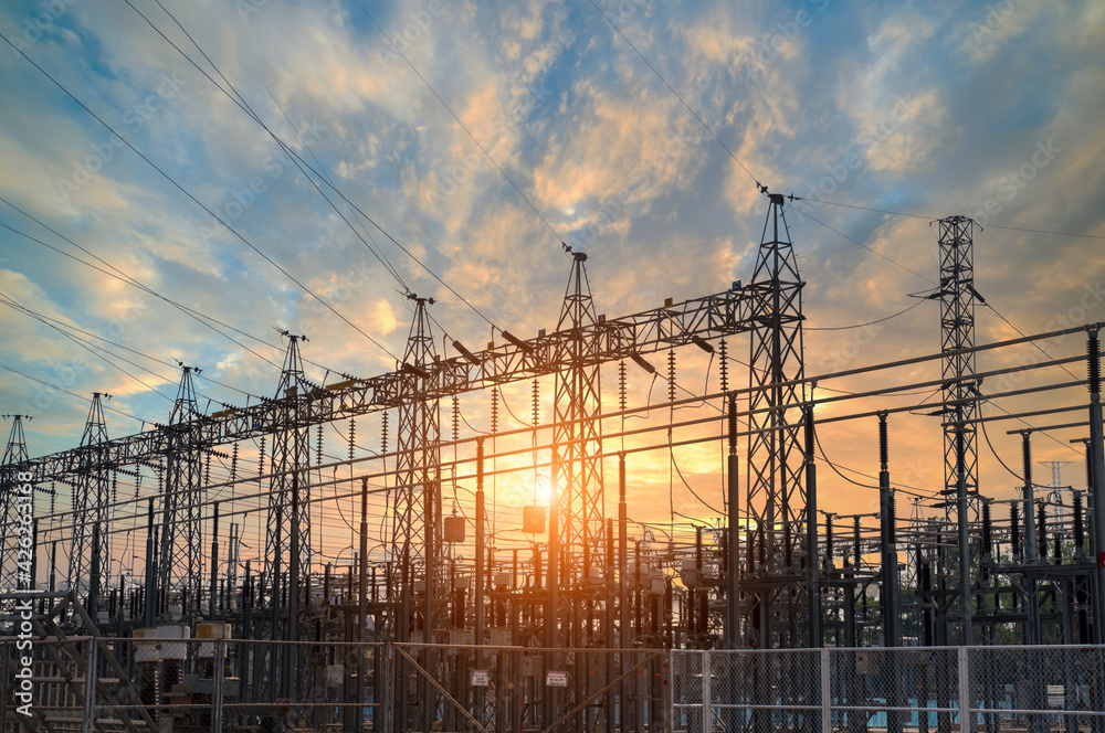 High voltage electric power station,substation with transformers and ...
