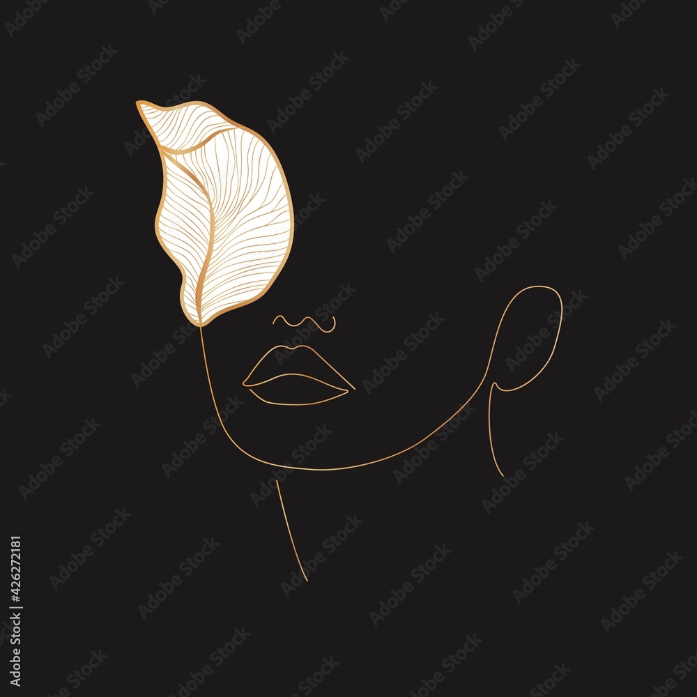 Woman Face with Leaf Line Art Vector Drawing. Style Template with ...