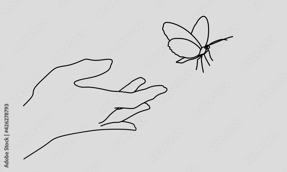 Hand gesture and butterfly minimal line art style. Cute vector ...