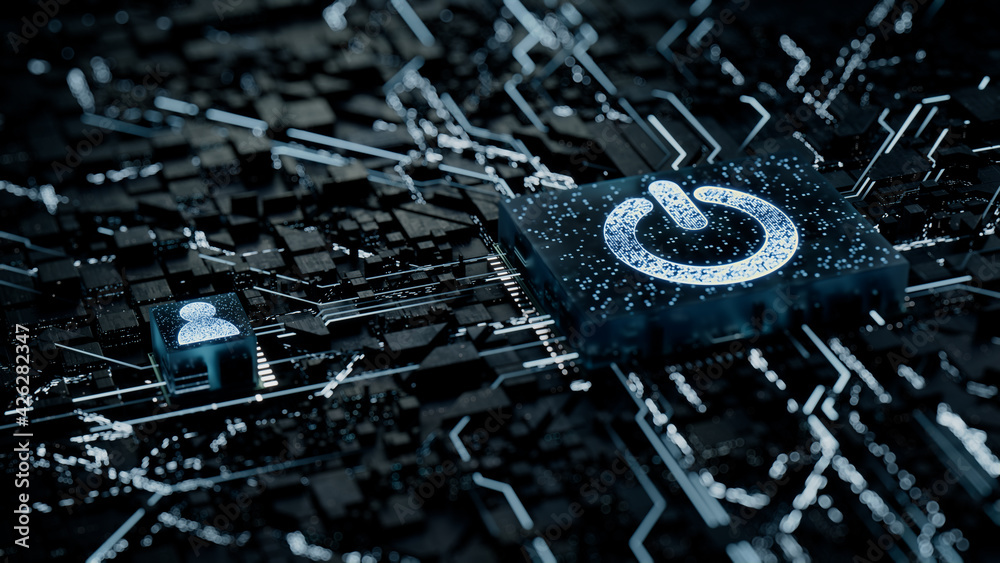 Activate Technology Concept with power symbol on a Microchip. White ...
