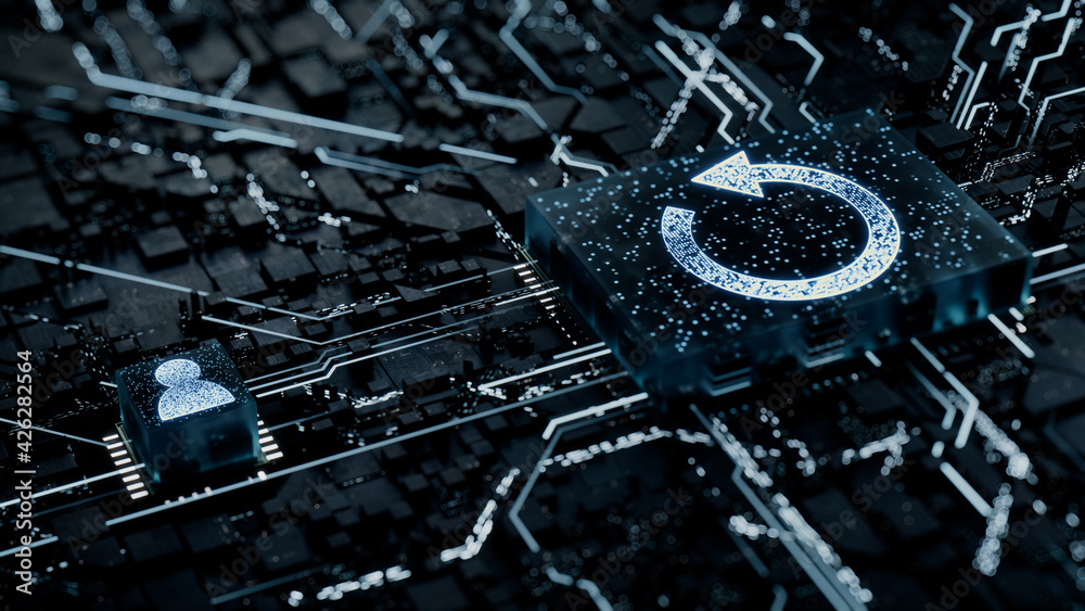 Reload Technology Concept with refresh symbol on a Microchip. White ...