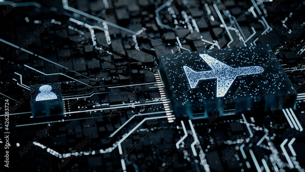 Flight Technology Concept with airplane symbol on a Microchip. White ...