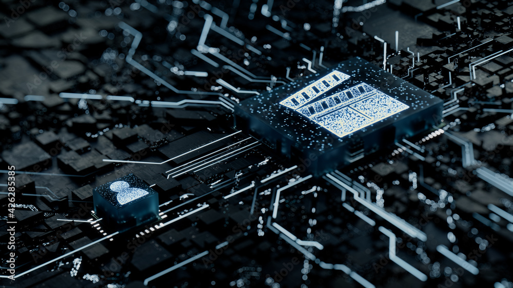 Entertainment Technology Concept with movie symbol on a Microchip ...