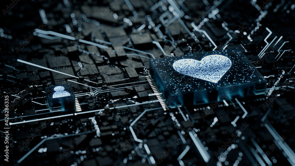 Love Technology Concept with heart symbol on a Microchip. White Neon ...