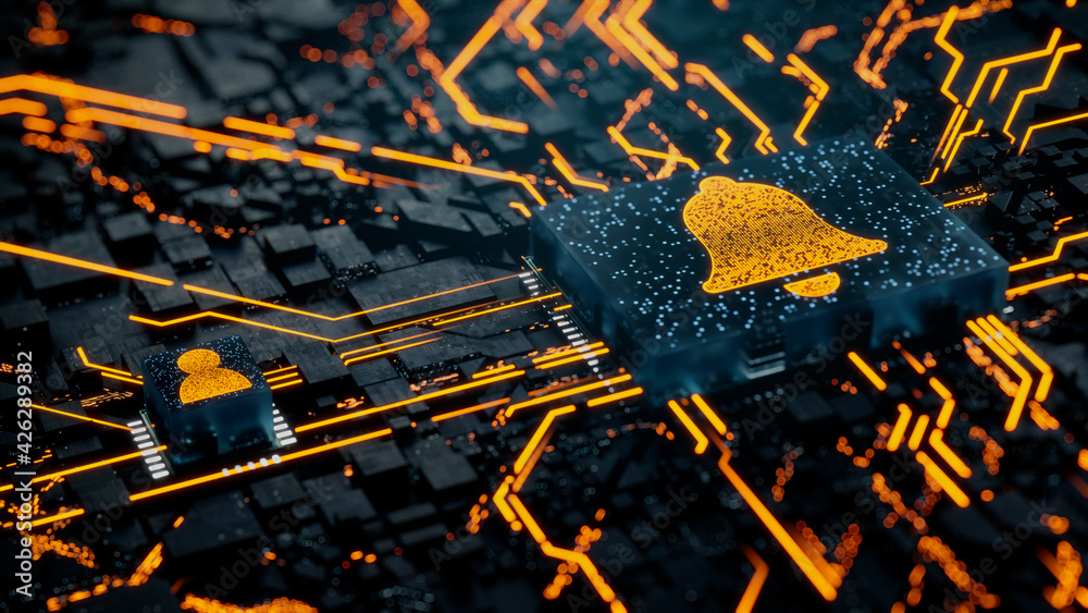 Alert Technology Concept with bell symbol on a Microchip. Orange Neon ...