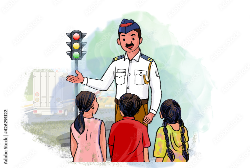 Indian traffic police talk with kids. Stock Illustration | Adobe Stock
