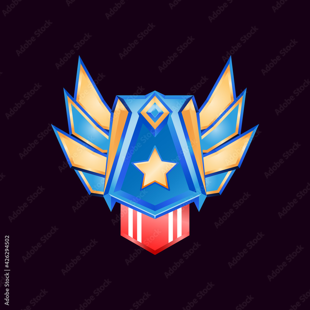 game ui glossy golden diamond rank badge medals with wings and star ...
