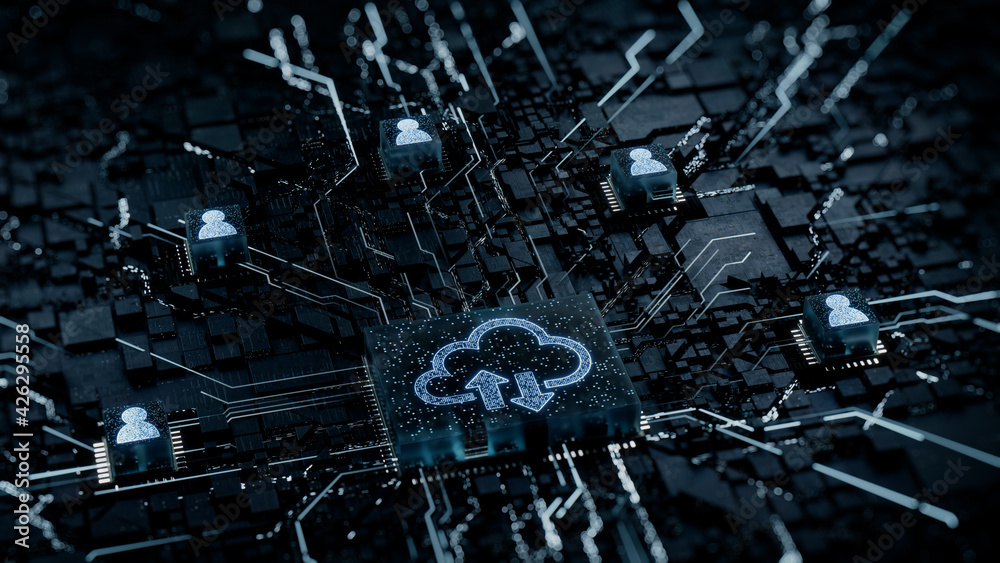 Data storage Technology Concept with cloud symbol on a Microchip. White ...