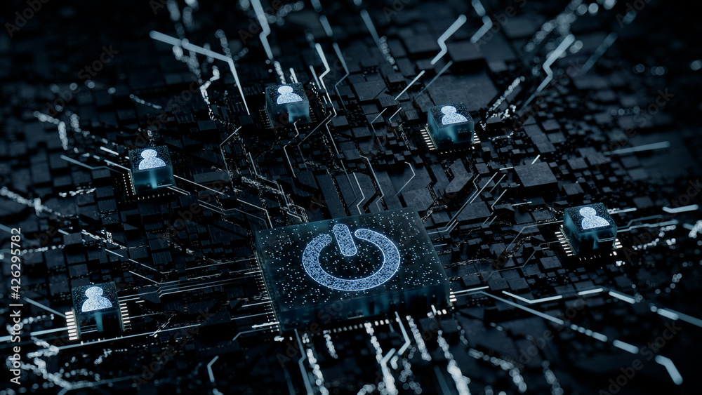 Activate Technology Concept with power symbol on a Microchip. White ...