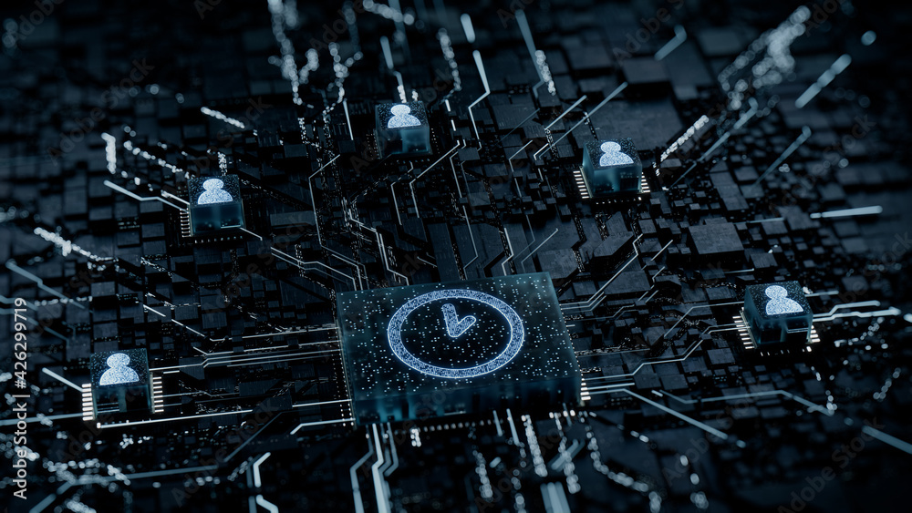 Time Technology Concept with clock symbol on a Microchip. White Neon ...