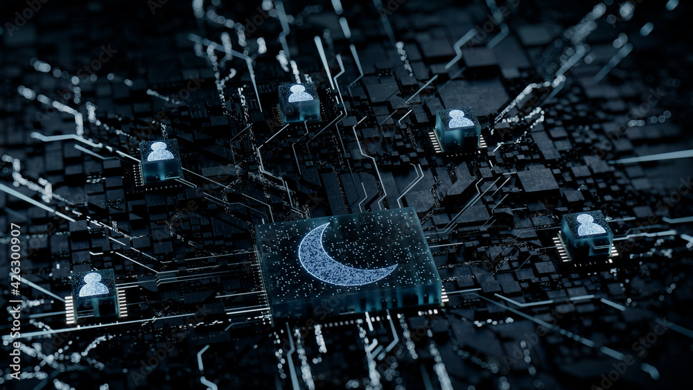 Night mode Technology Concept with moon symbol on a Microchip. White ...