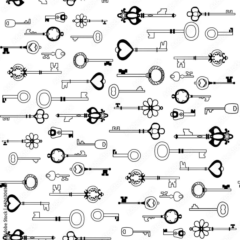 bitmap image of keys, black outlines on a white background, pattern ...
