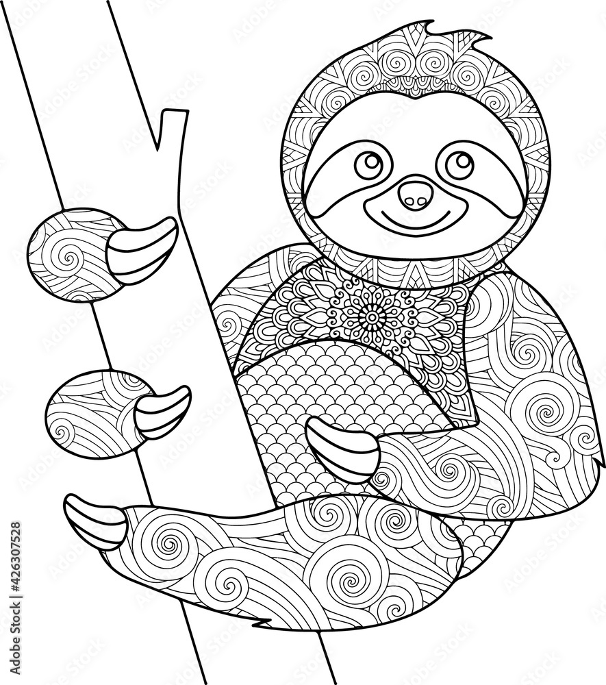 Sloth Mandala Vector and coloring page Stock Vector | Adobe Stock