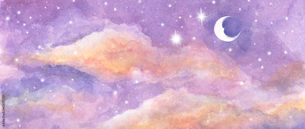 Watercolor painting of Moon and clouds background with soft pastel ...