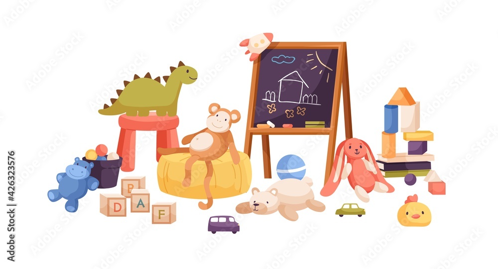 Chalkboard with childish drawings, kids toys, balls, teddy bear, cars ...