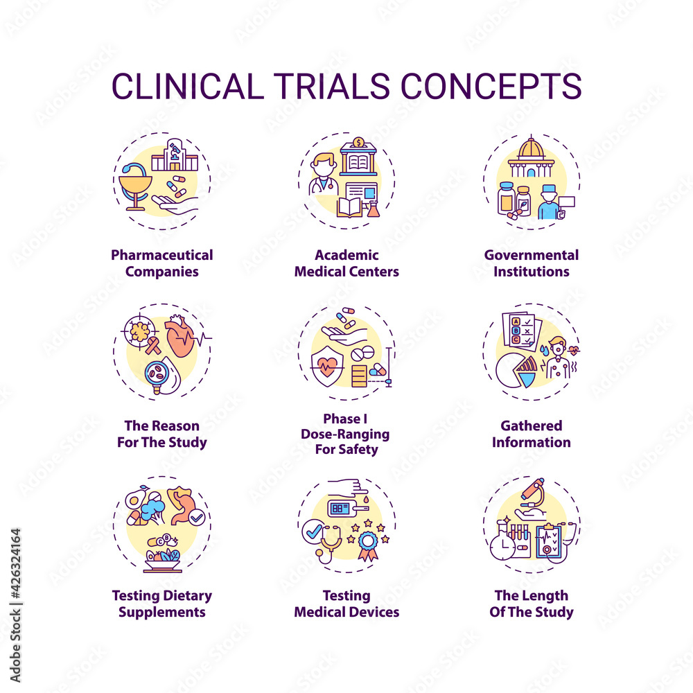 Stockvector Clinical trials concept icons set. Medical research studies ...