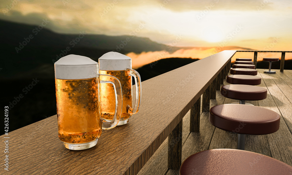 Cold beer in a clear glass bubble and beer foam Put on a long wooden ...