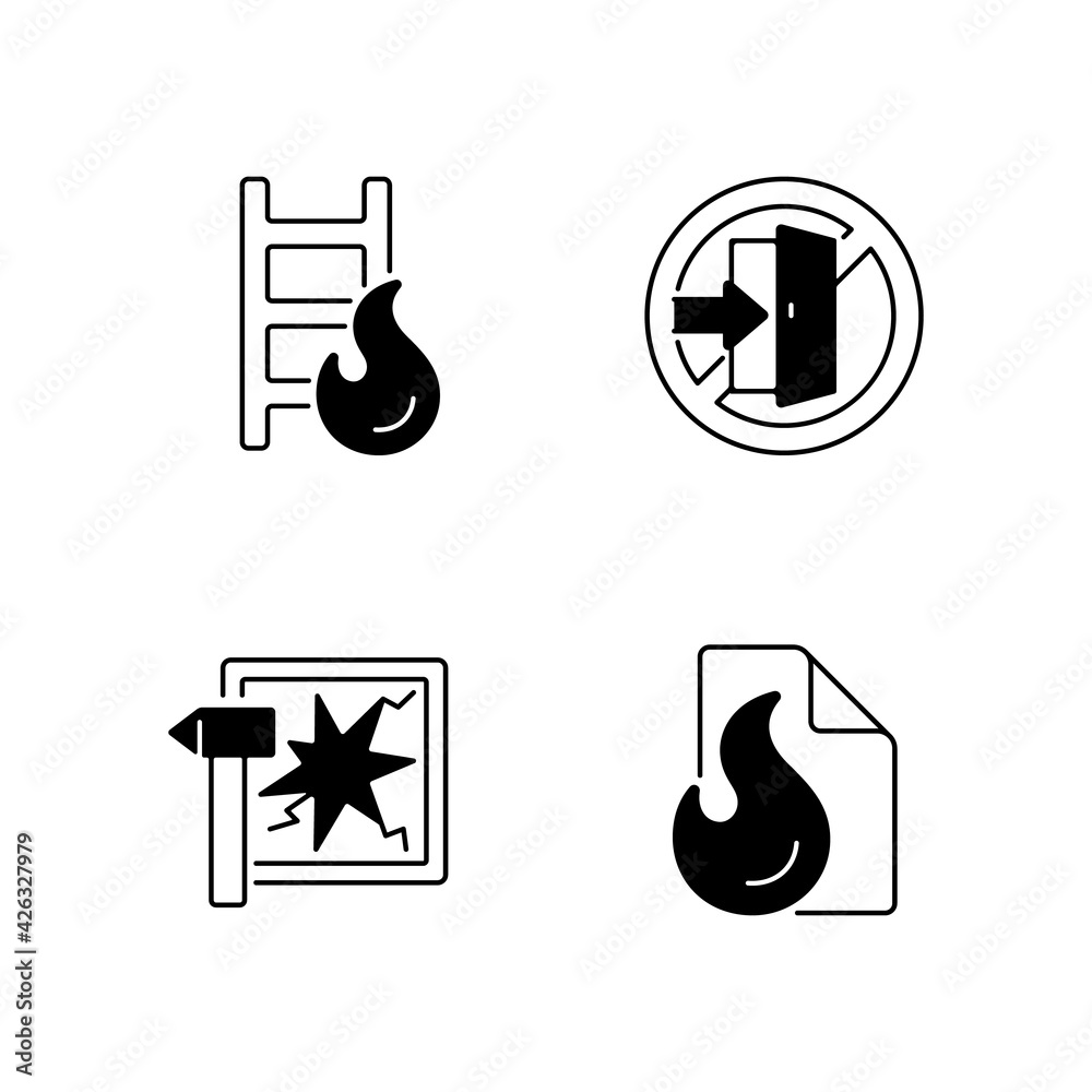 Fire safety regulations black linear icons set. Escape ladder. Break ...