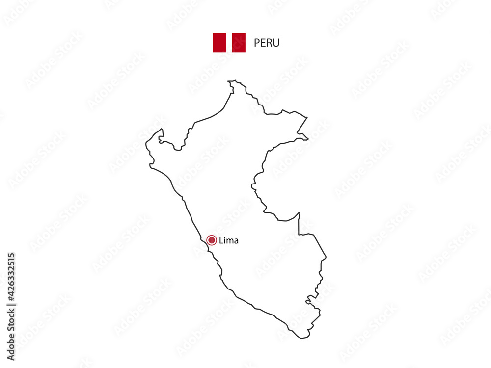 Hand draw thin black line vector of Peru Map with capital city Lima on ...