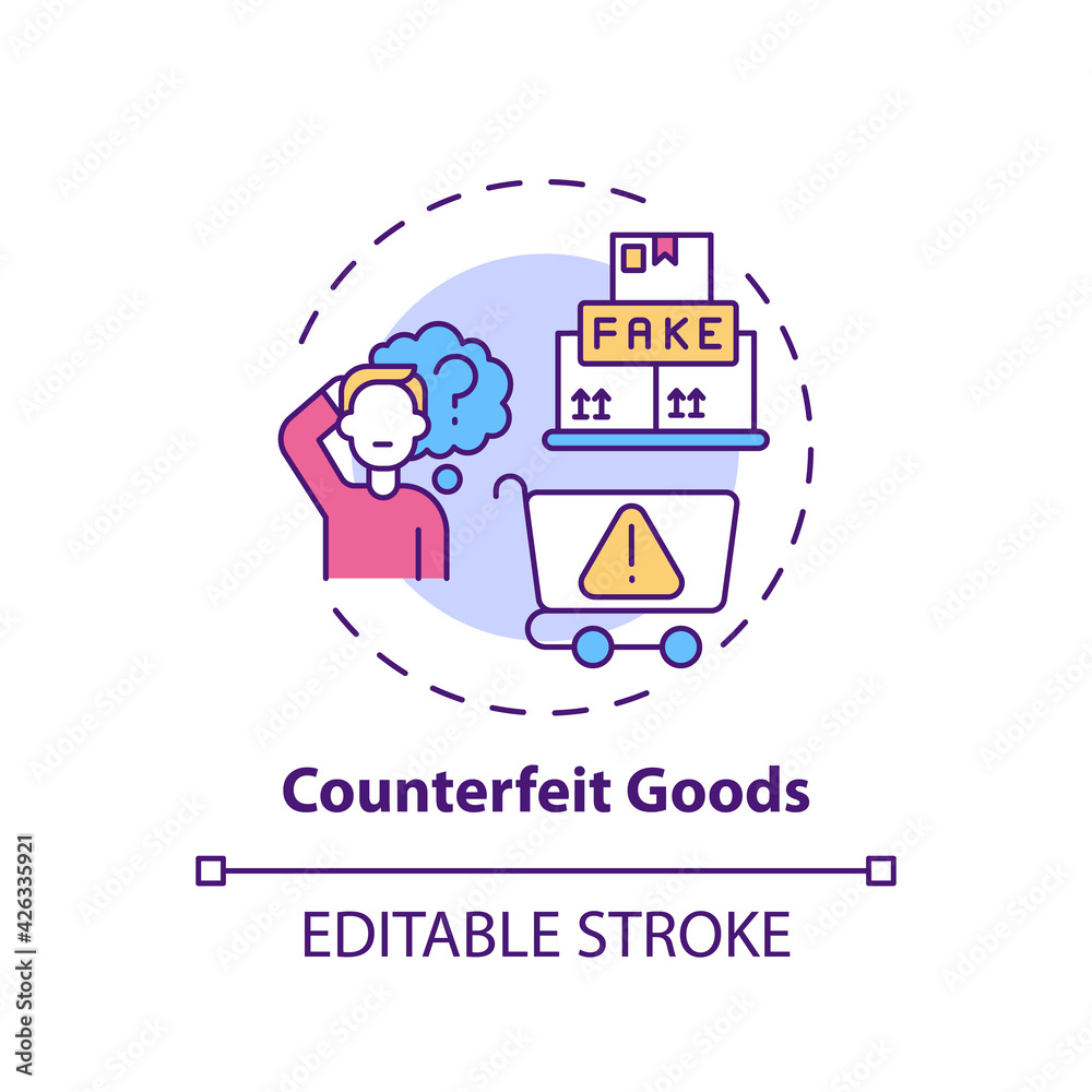 Counterfeit goods concept icon. Typical consumer rights violation claim ...