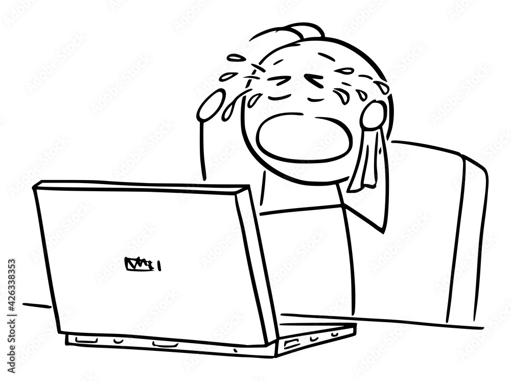 Man or Businessman Crying When Working on Computer in Office, Vector ...