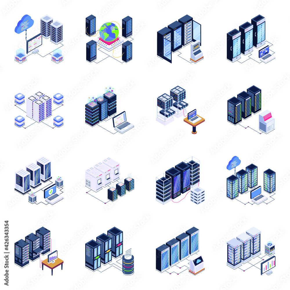 Isometric Icons of Storage Servers in Modern Style Designs Stock Vector ...