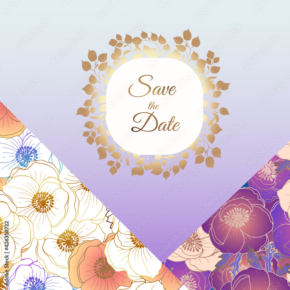 Gold invitation. With bright floral decor. Delicate gradient background ...