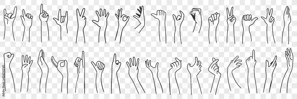 Hand gesture language doodle set. Collection of hand drawn human hands ...