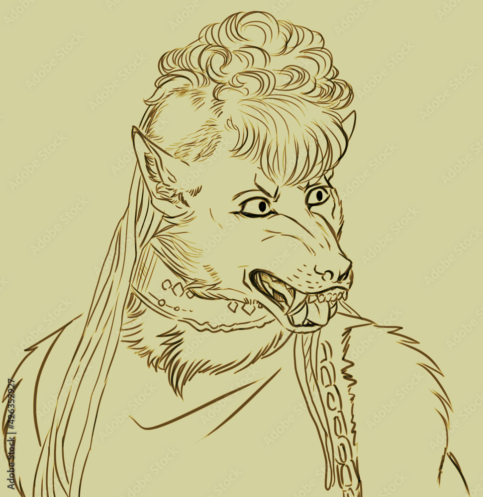 Digital illustration of a werewolf with fringe, curls and dreadlocks ...