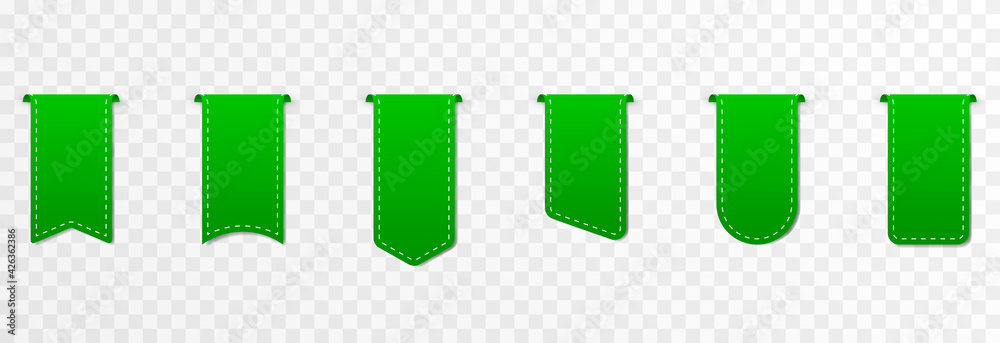Set of green ribbons, price tags, discounts. Discount offer, sale with ...