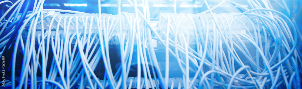 Concept internet data center blue background. Banner fiber ethernet ...