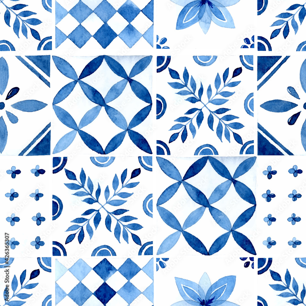 Rustic blue tile watercolor seamless pattern Stock Vector | Adobe Stock