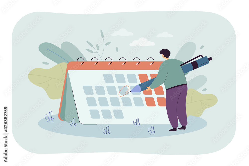 Tiny man in front of giant calendar cartoon vector illustration. Person ...