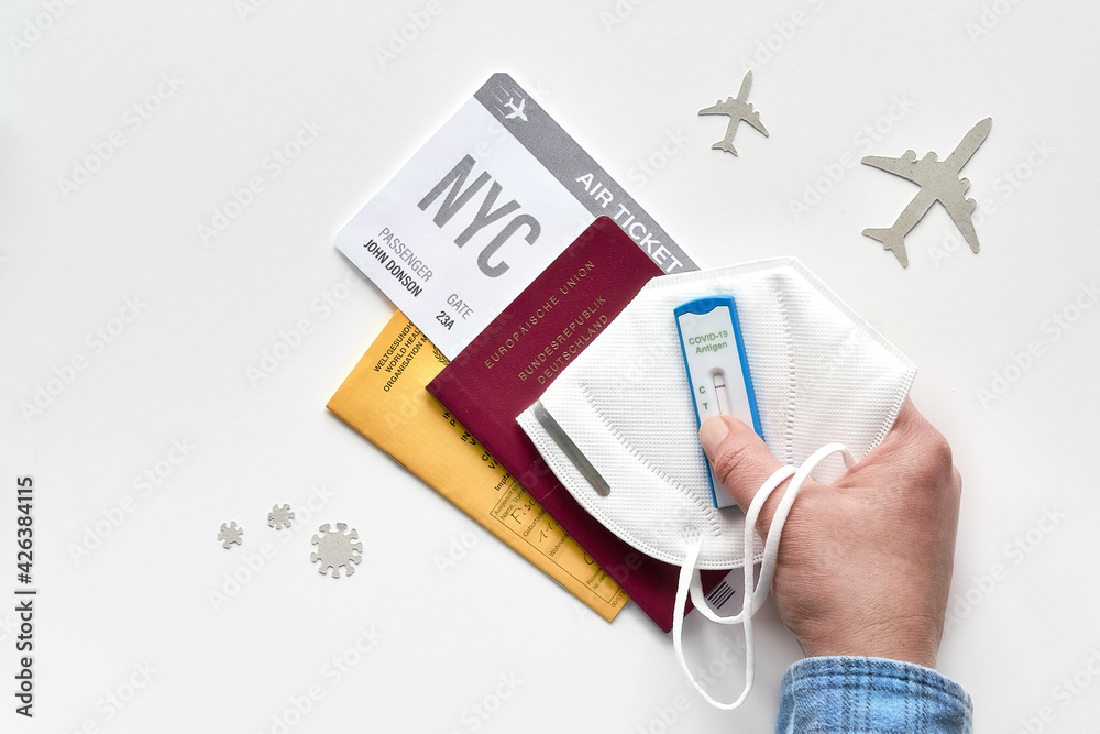 New normal travel during COVID-19 restrictions, flat lay on white ...