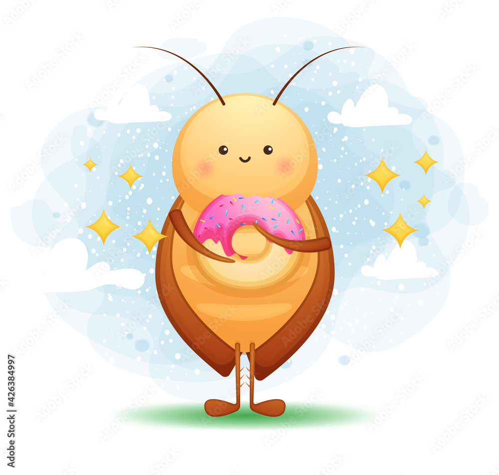 Cute cockroach eat a donut cartoon character Premium Vector Stock ...