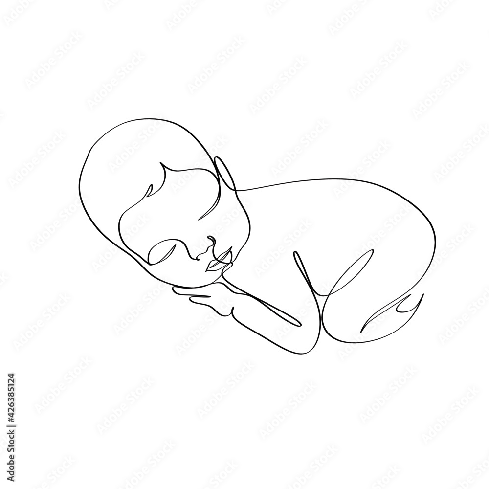 Baby in womb one single line drawing. Cute unborn fetus baby on mother ...