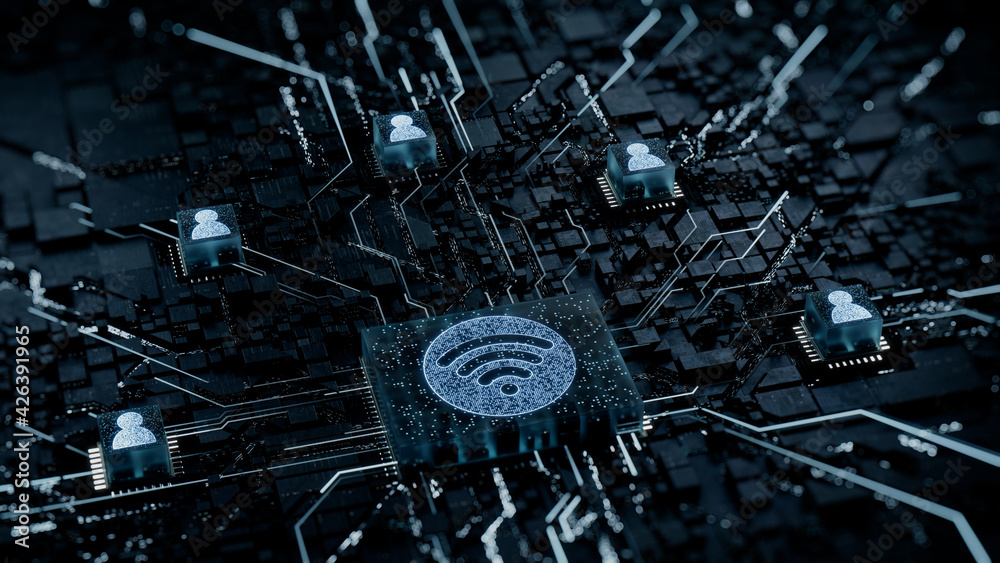 Wireless Technology Concept with wifi symbol on a Microchip. White Neon ...