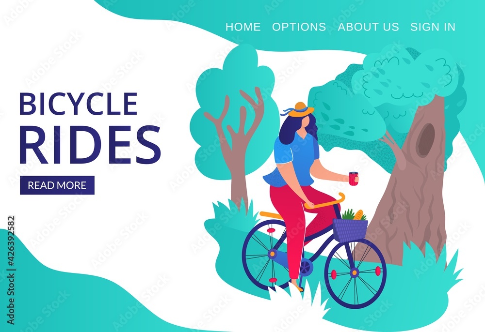 Cartoon positive girl drive bike, bicycle rides outdoors, vector ...