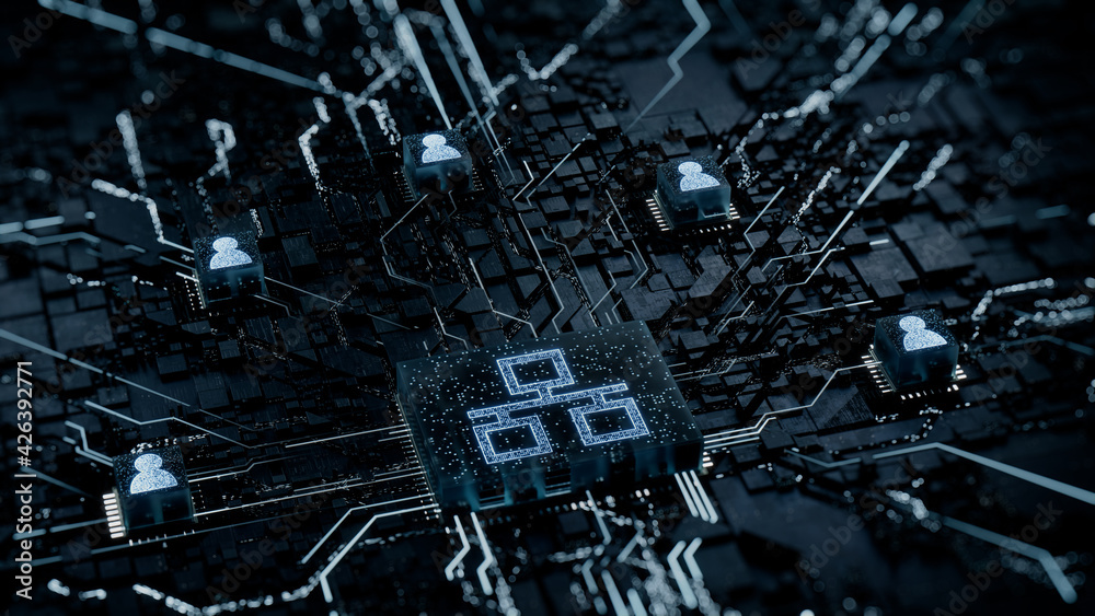 Network Technology Concept with ethernet symbol on a Microchip. White ...