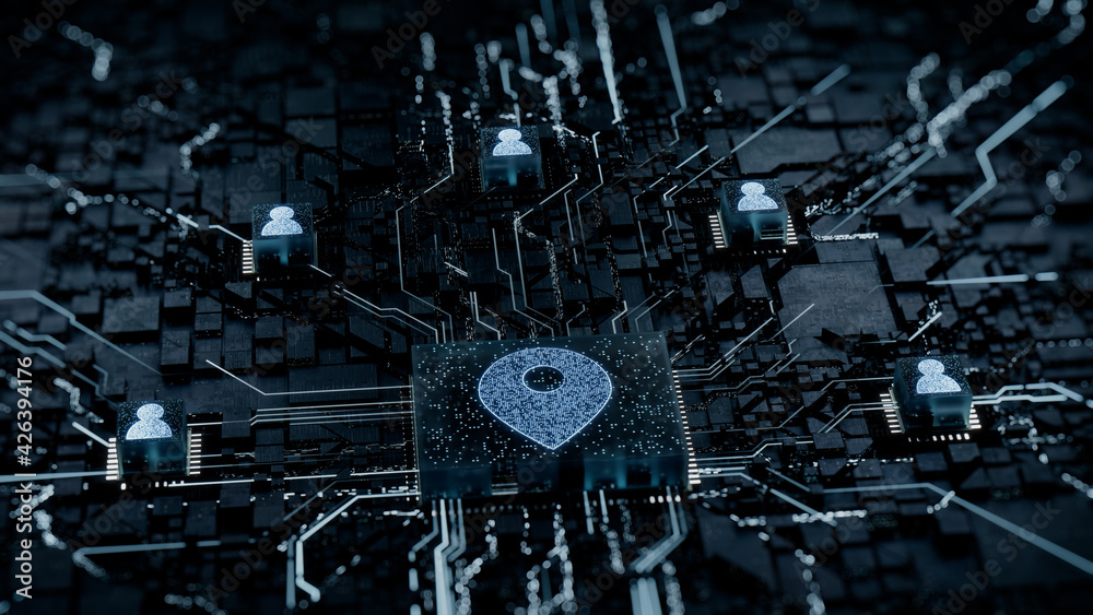 Location Technology Concept with map pin symbol on a Microchip. White ...