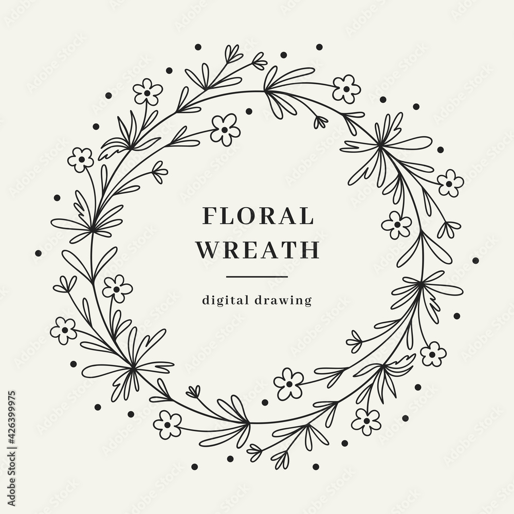Wildflower floral wreath, Hand-drawn wildflower branch, Circle monogram ...