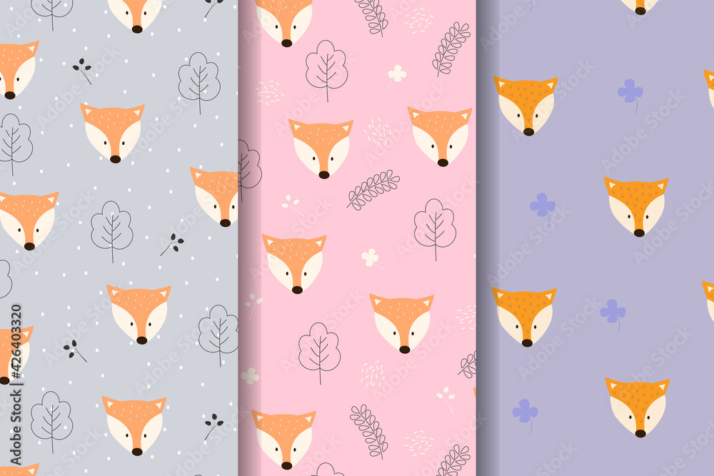 set of three Seamless vector pattern of a Fox face in the forest ...