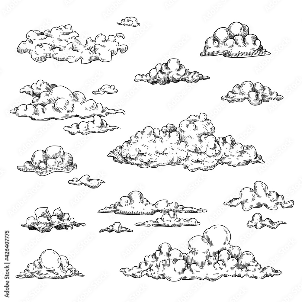 Different shapes of clouds engraved illustrations set. Hand drawn ...