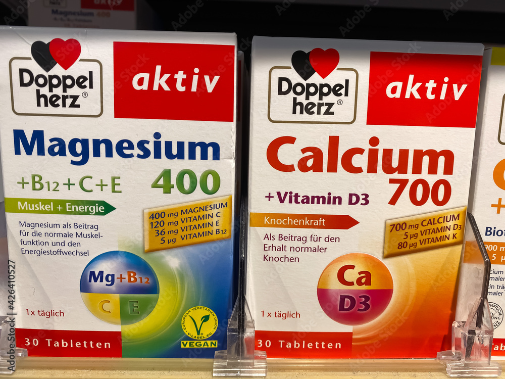 Viersen, Germany - March 1. 2021: Closeup of packets minerals food ...